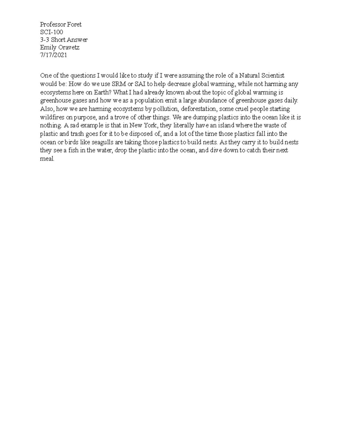 SCI-100 3-3 Short Answer by Emily Oravetz - Professor Foret SCI- 3-3 ...