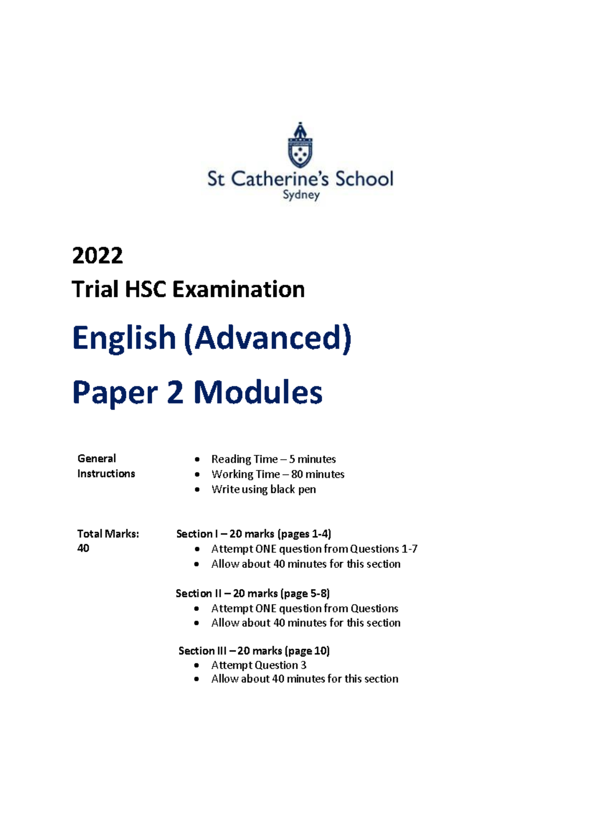 St Caths 2022 Trial Paper 2 - 2022 Trial HSC Examination English ...