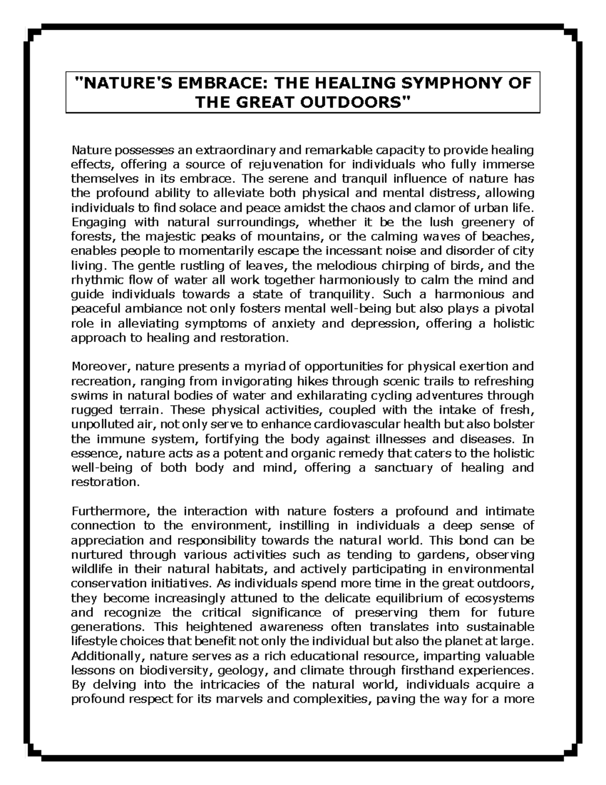 Nature Essay - "NATURE'S EMBRACE: THE HEALING SYMPHONY OF THE GREAT ...