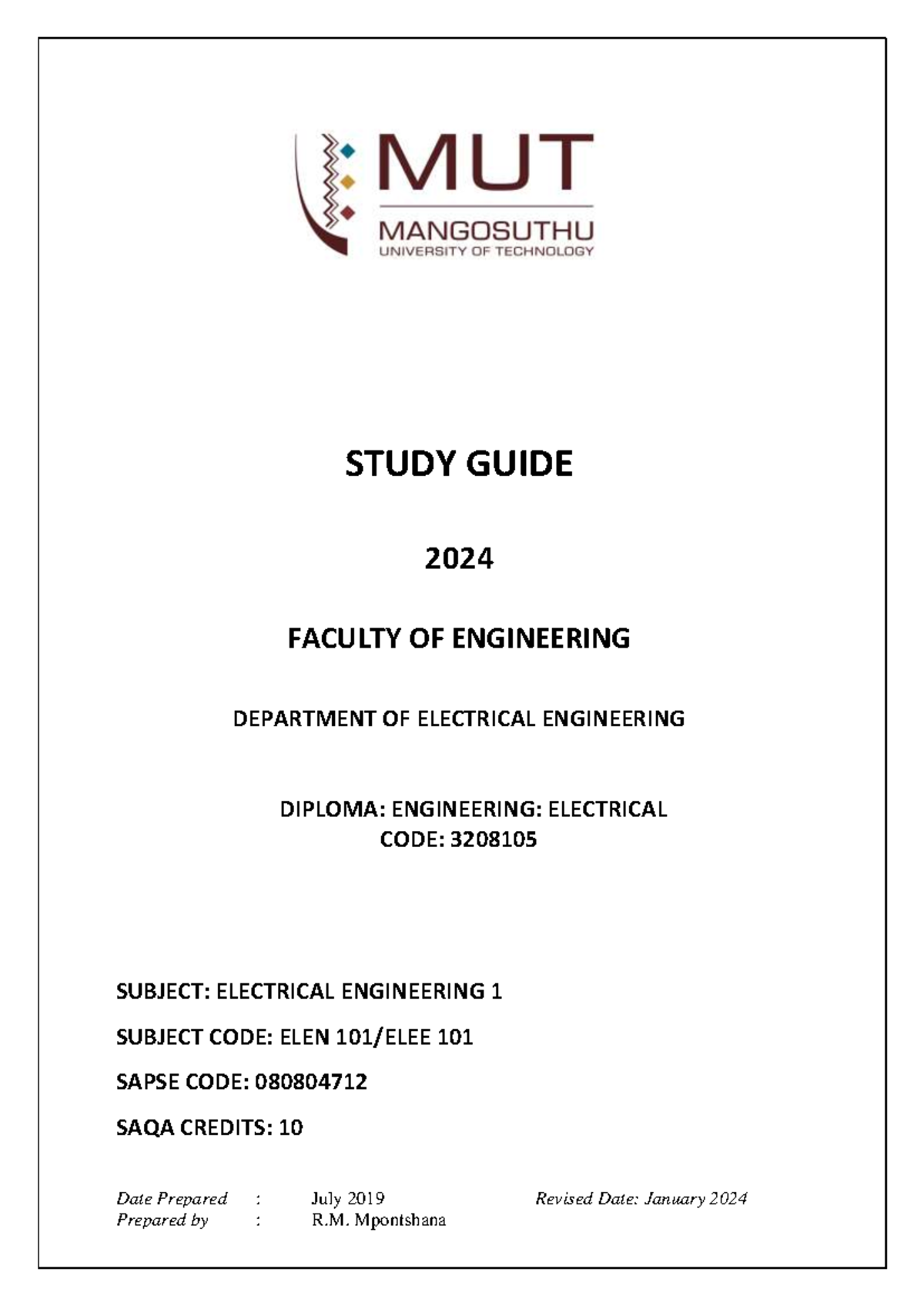 2024 Electrical Engineering I Study Guide - Date Prepared : July 2019 Revised Date: January 2024 ...