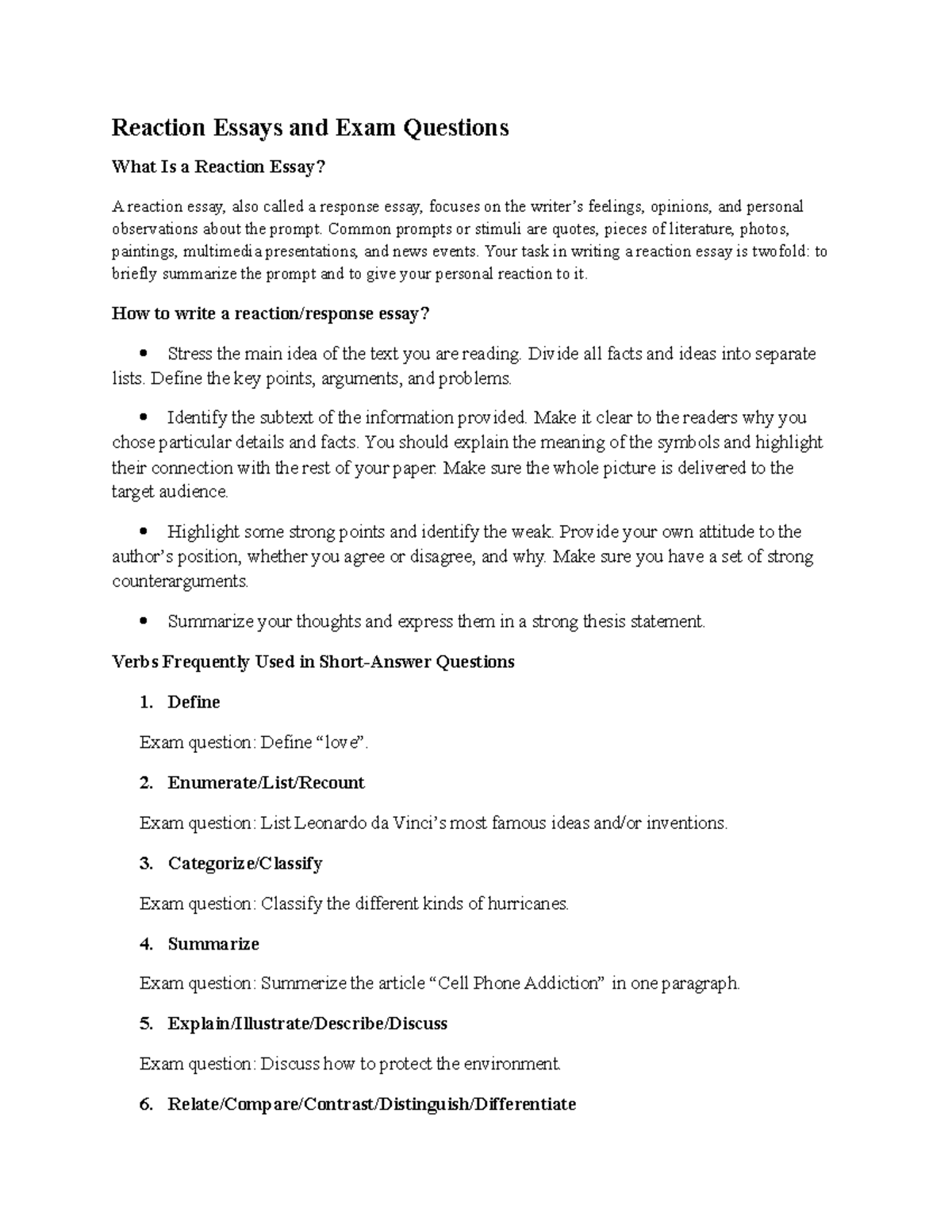 Reaction Essays and Exam Questions - Common prompts or stimuli are ...