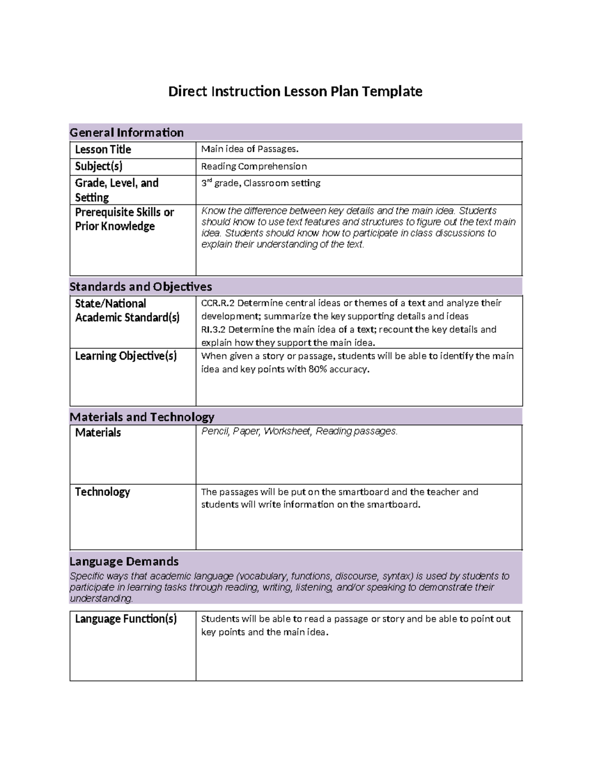 Reading Method Lesson Plan - Direct Instruction Lesson Plan Template General Information Lesson ...