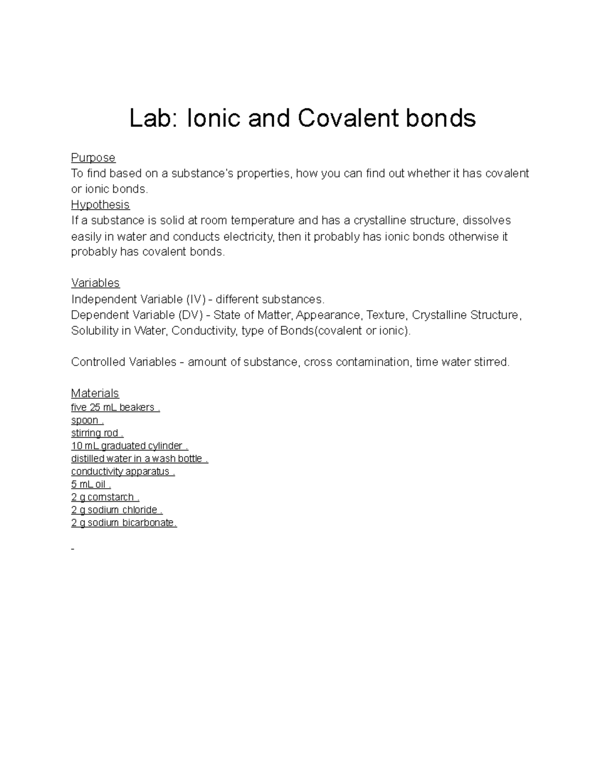 Lab Ionic and Covalent bonds - Lab: Ionic and Covalent bonds Purpose To find based on a ...