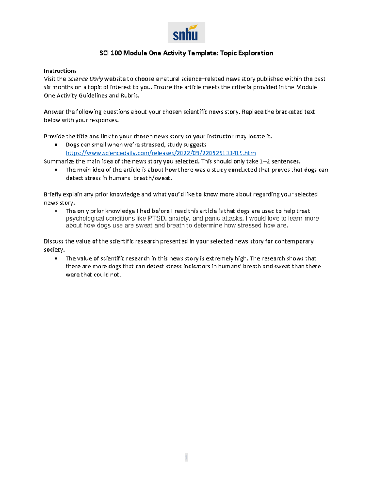 SCI 100 Module One Activity - Ensure the article meets the criteria provided in the Module One ...
