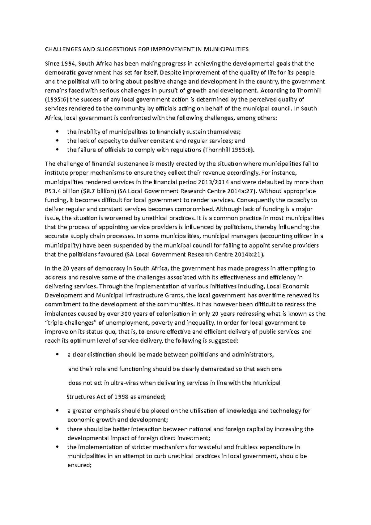 Municipal challenges - CHALLENGES AND SUGGESTIONS FOR IMPROVEMENT IN ...