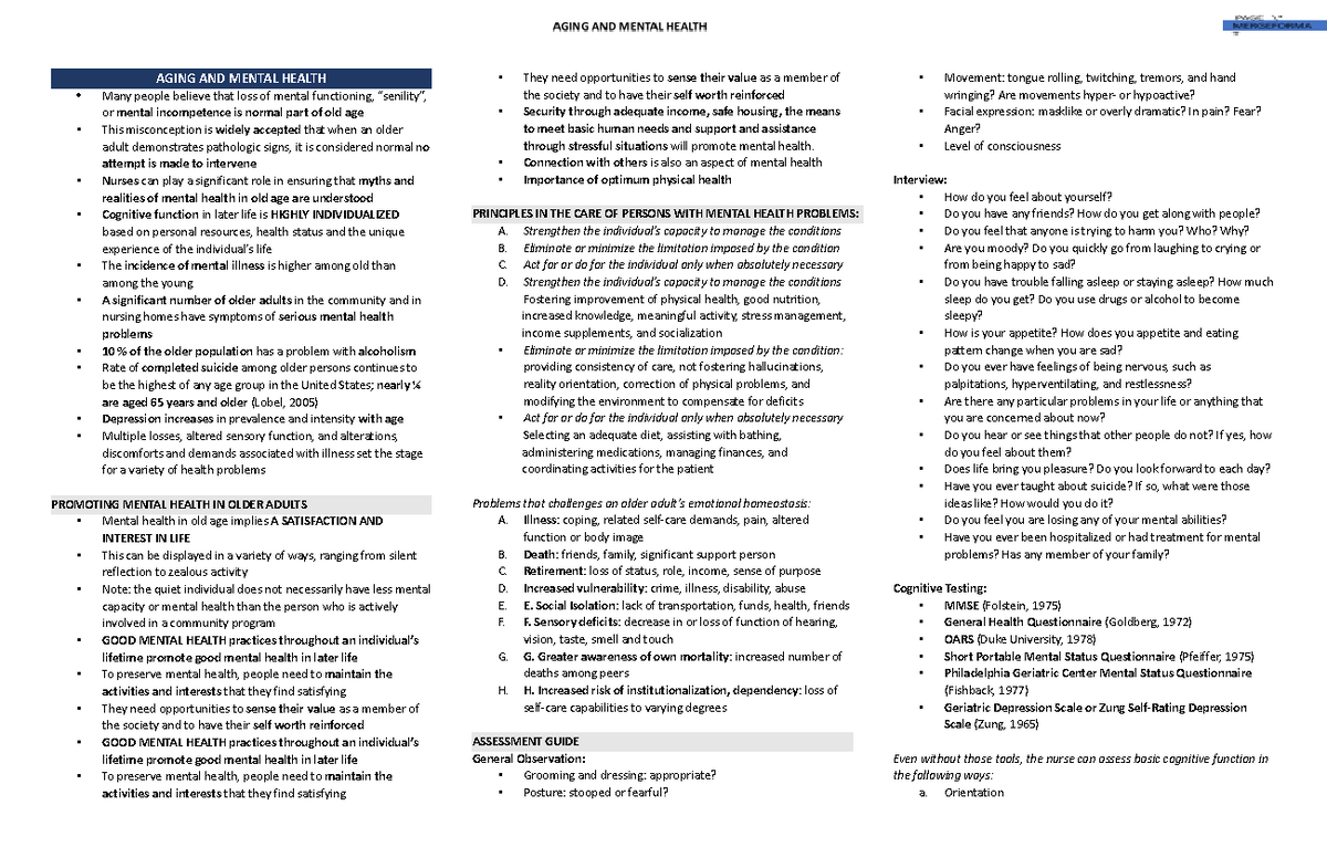 COA-LE2-notes - Care of older adults - AGING AND MENTAL HEALTH - Many ...