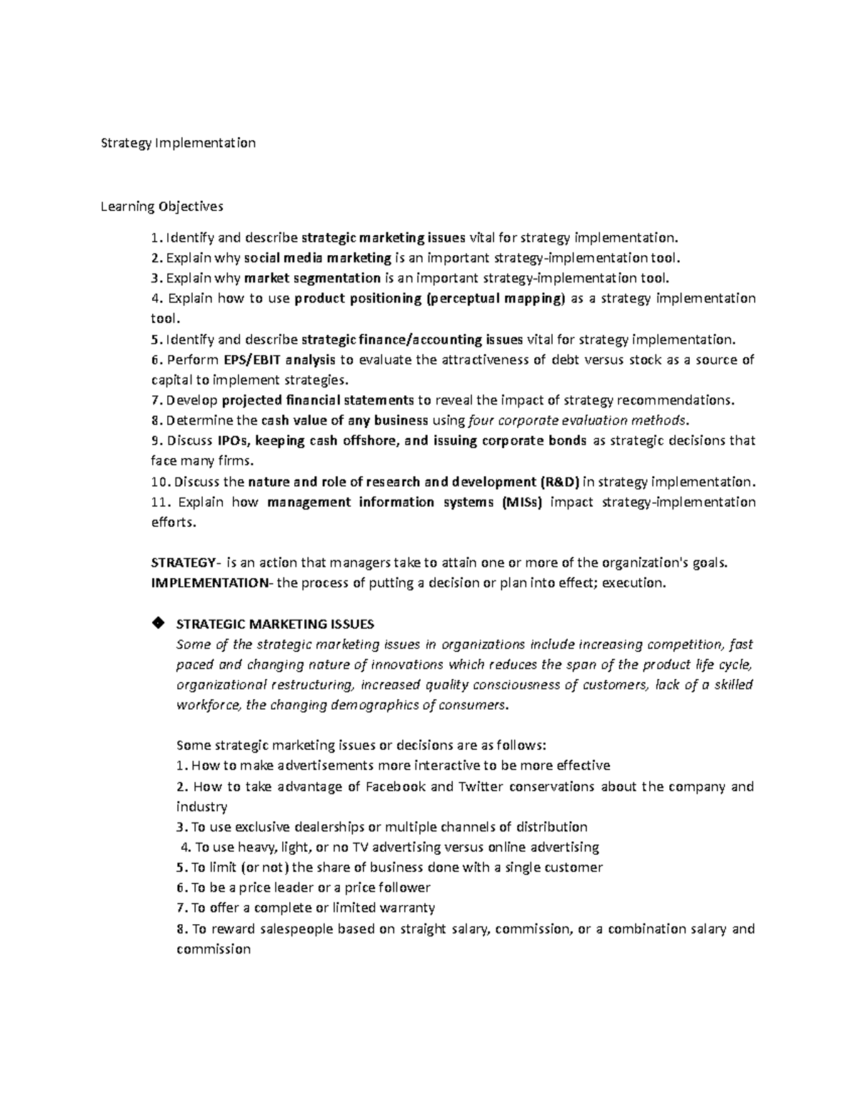 Strategy Implementation - Strategy Implementation Learning Objectives 1 ...