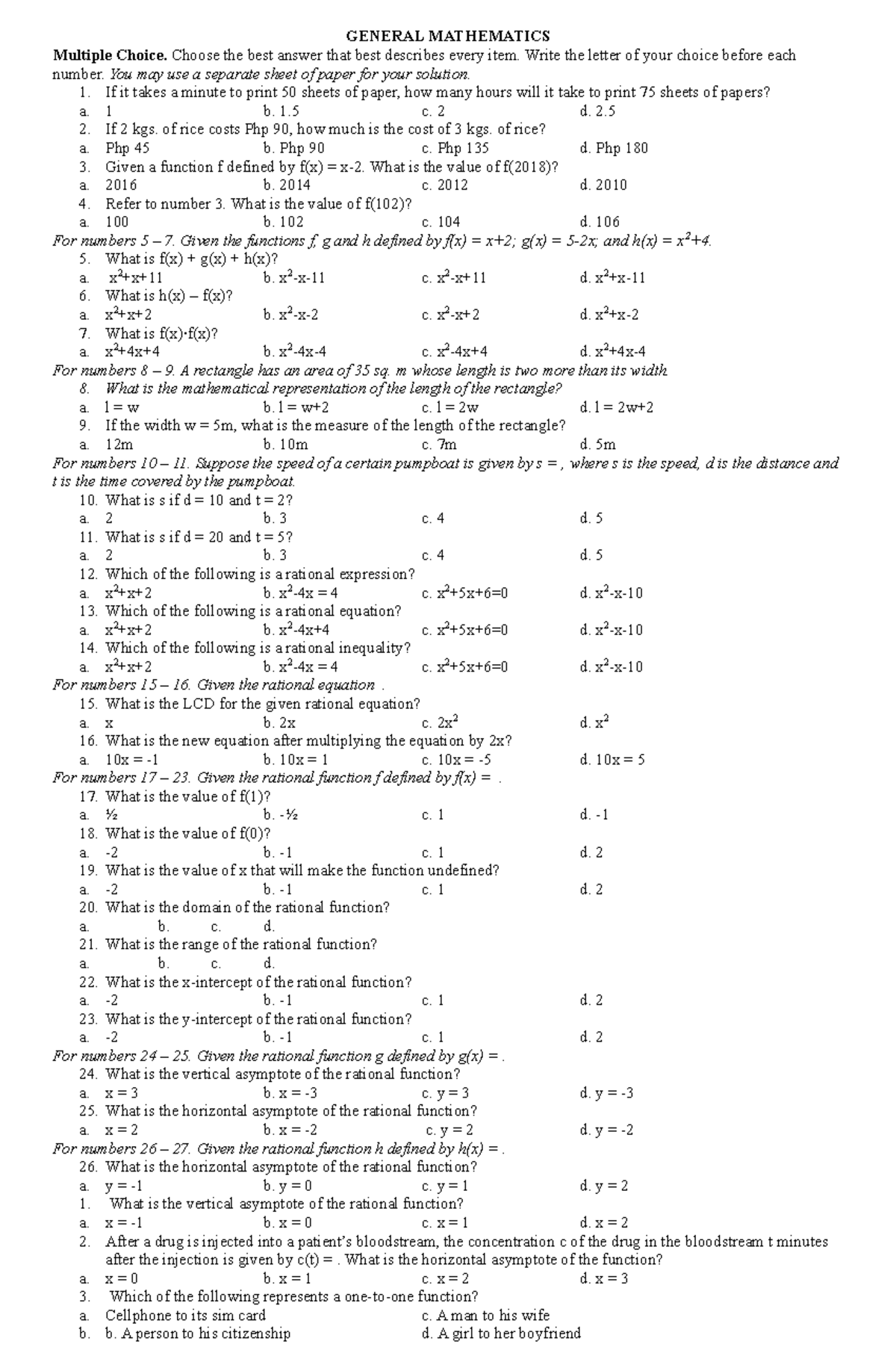 Summative Gen Math Q1 - Functions - GENERAL MATHEMATICS Multiple Choice ...
