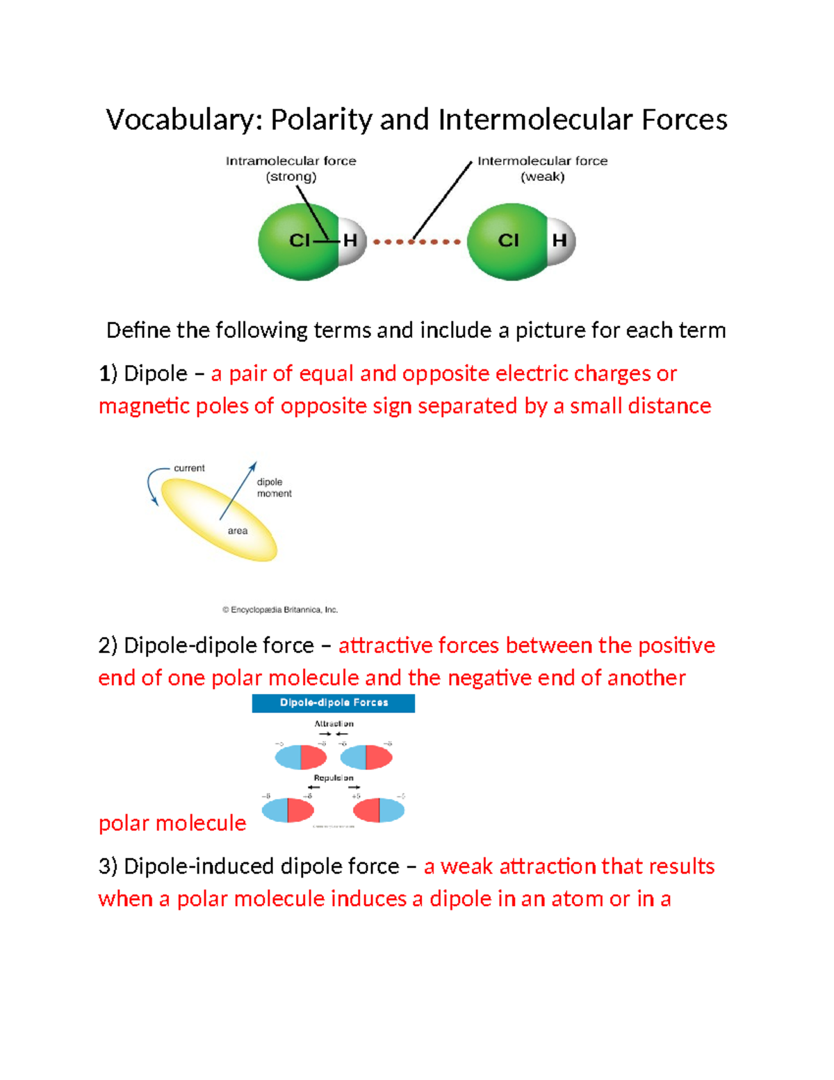 Vocabulary - This is homework - Vocabulary: Polarity and Intermolecular ...