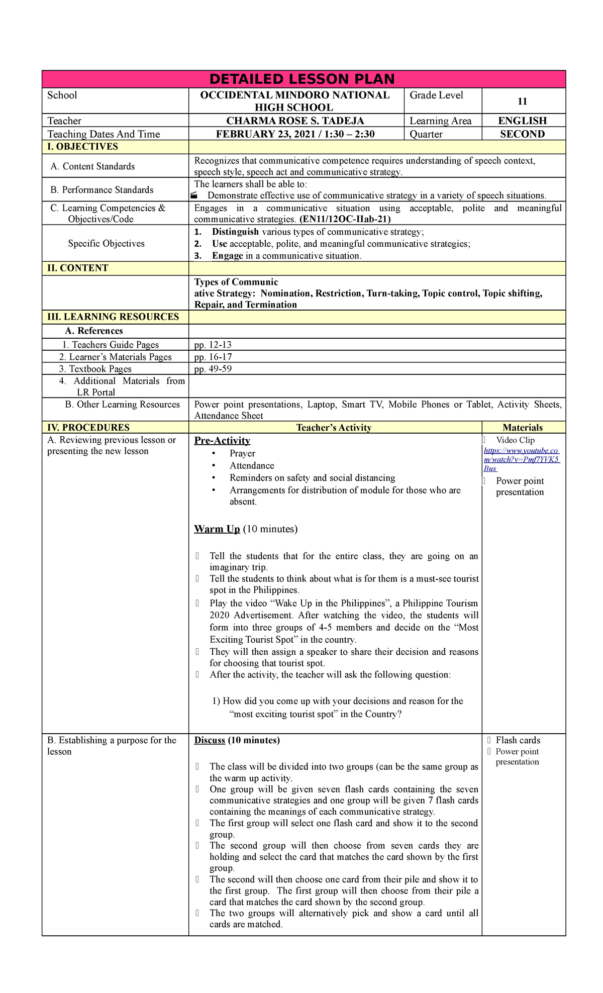 Detailed Lesson plan for the future o - DETAILED LESSON PLAN School ...
