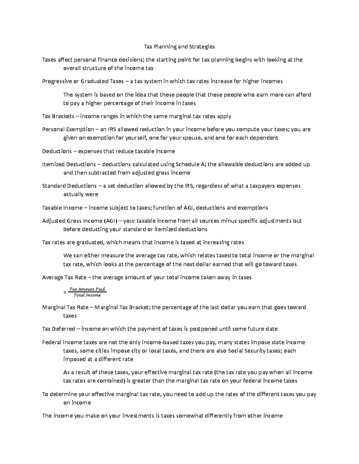 Chapter 4 Notes - Tax Planning and Strategies Taxes affect personal ...