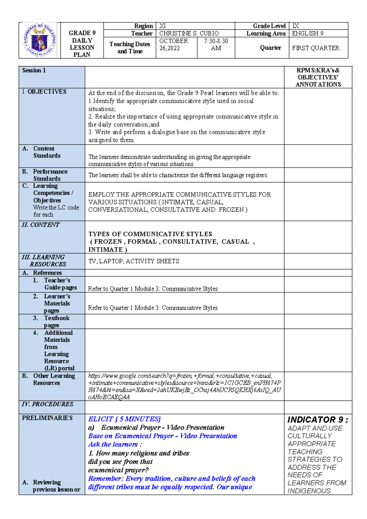 Pdfcoffee - GRADE 9 DAILY LESSON PLAN Region XI Grade Level IX Teacher CHRISTINE S. CUBIO ...