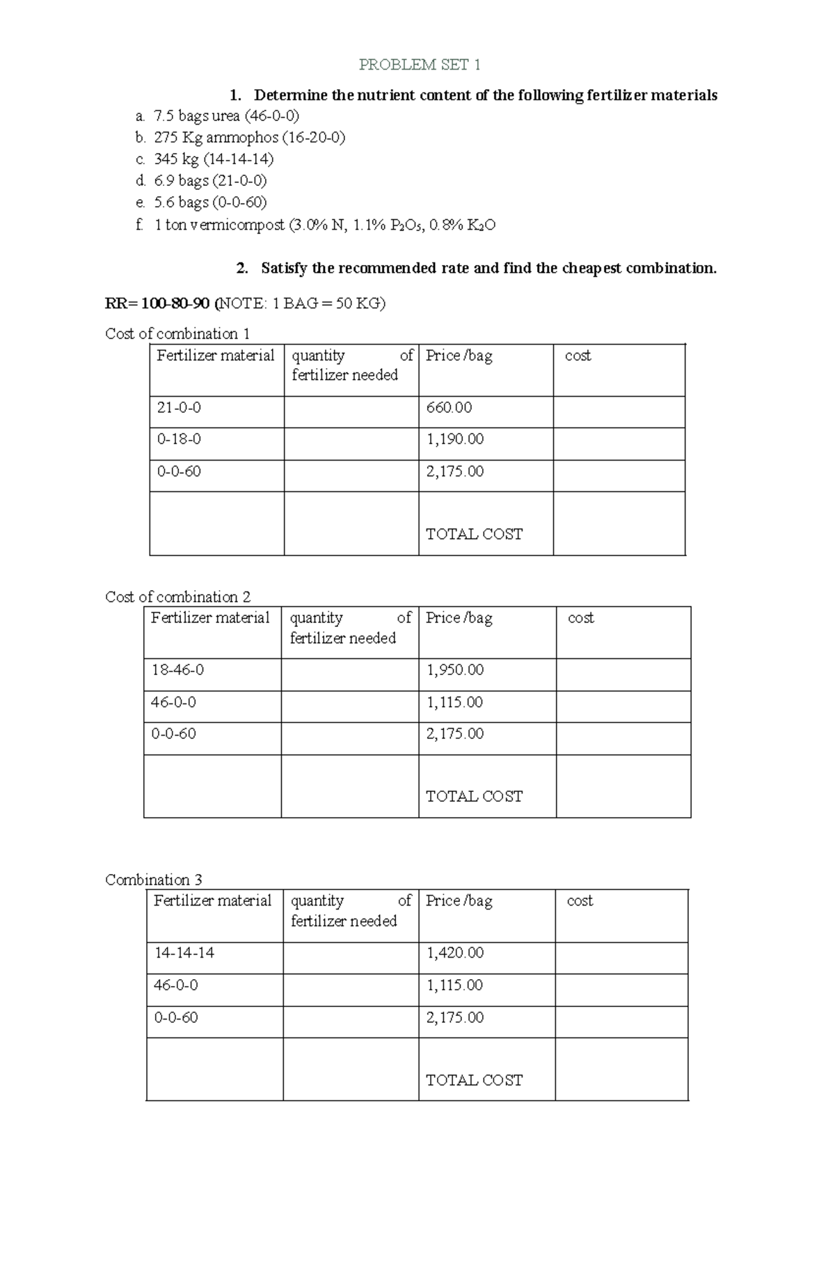Fertilizer-calculation-1 - PROBLEM SET 1 Determine the nutrient content of the following ...