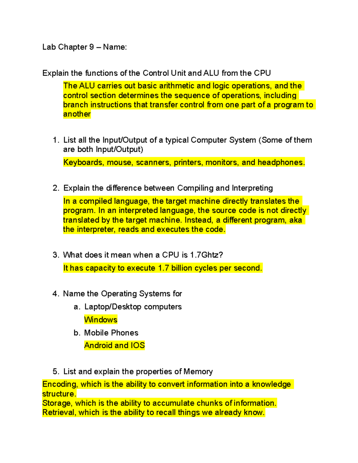 Lab Chapter 9 Completed - Lab Chapter 9 – Name: Explain the functions of the Control Unit and ...