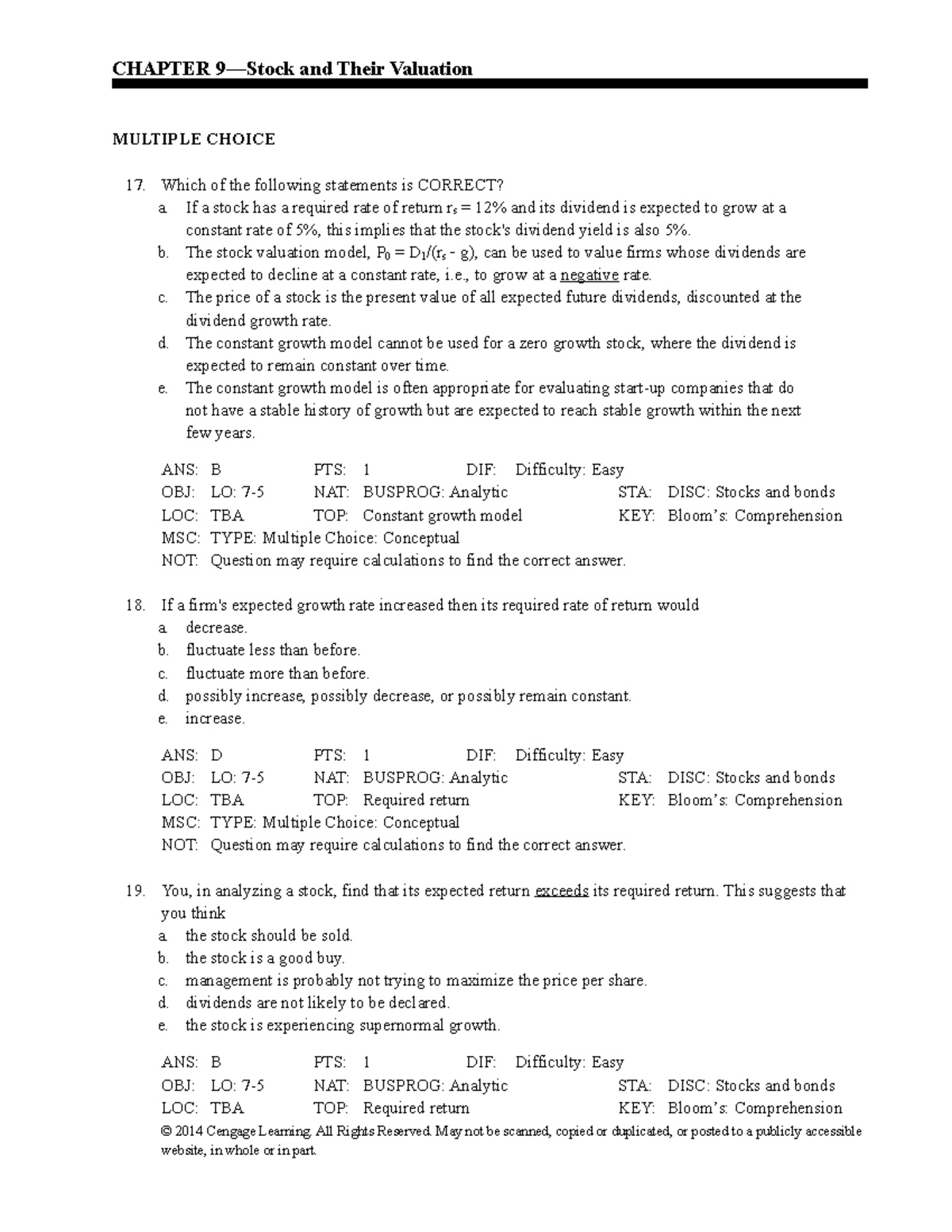 Ch 9 - Stocks and Their Valuation - CHAPTER 9—Stock and Their Valuation ...