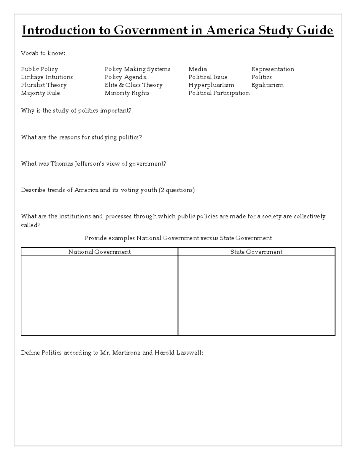Chapter 1 Study Guide - Introduction to Government in America Study ...