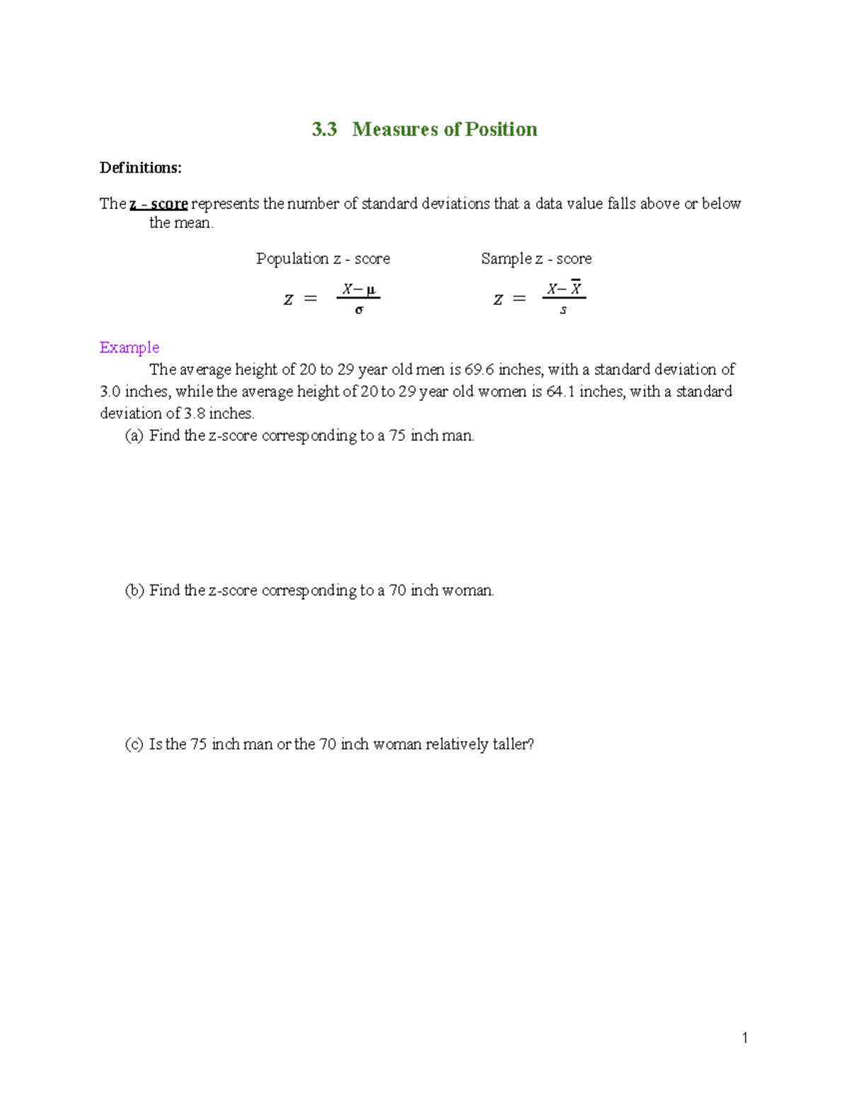 3.3 Measures of position - 3 Measures of Position Definitions: The z ...