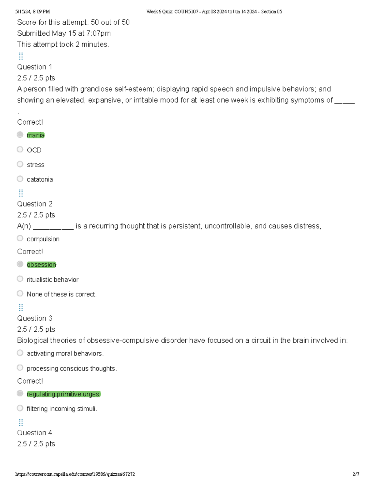 COUN5107 Week 6 Quiz - Week 6 Quiz - Score for this attempt: 50 out of ...