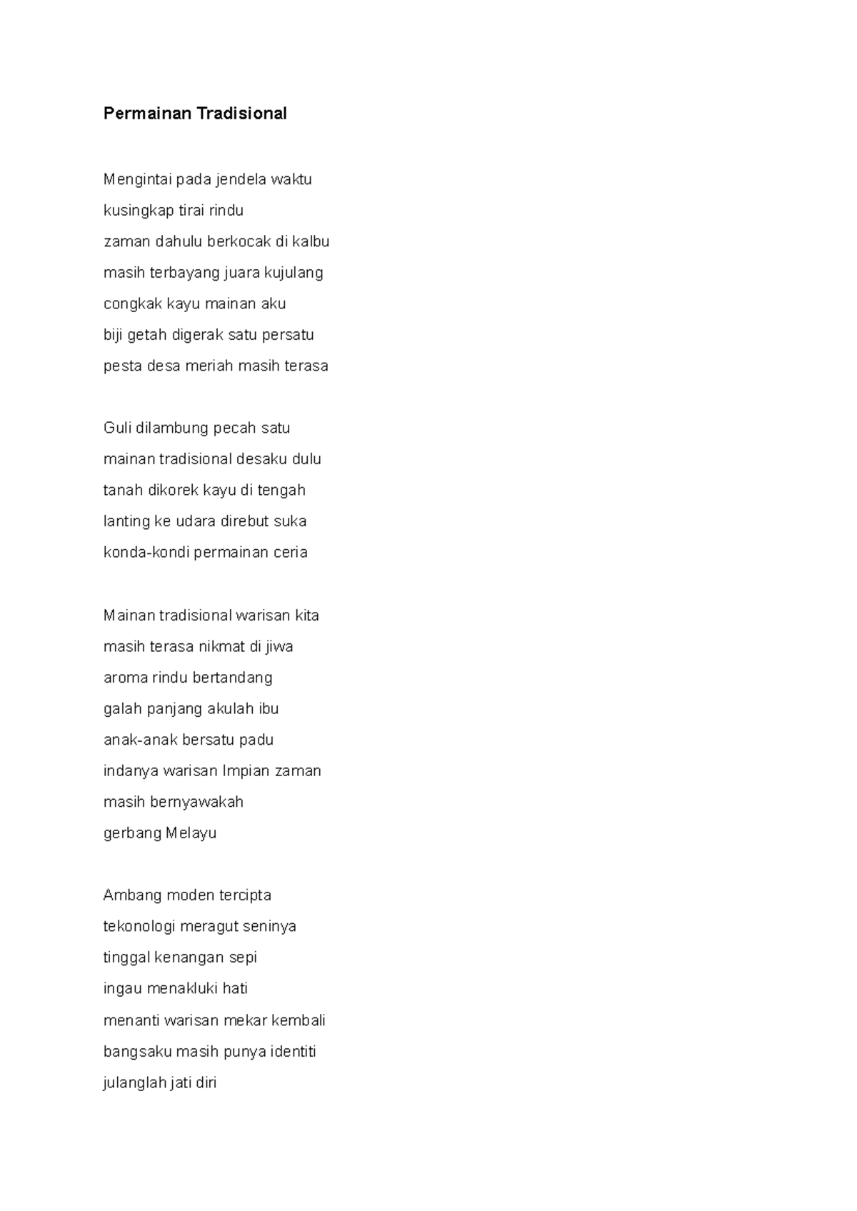 Sajak Permainan Tradisional - Permainan Tradisional Mengintai pada jendela waktu kusingkap tirai ...