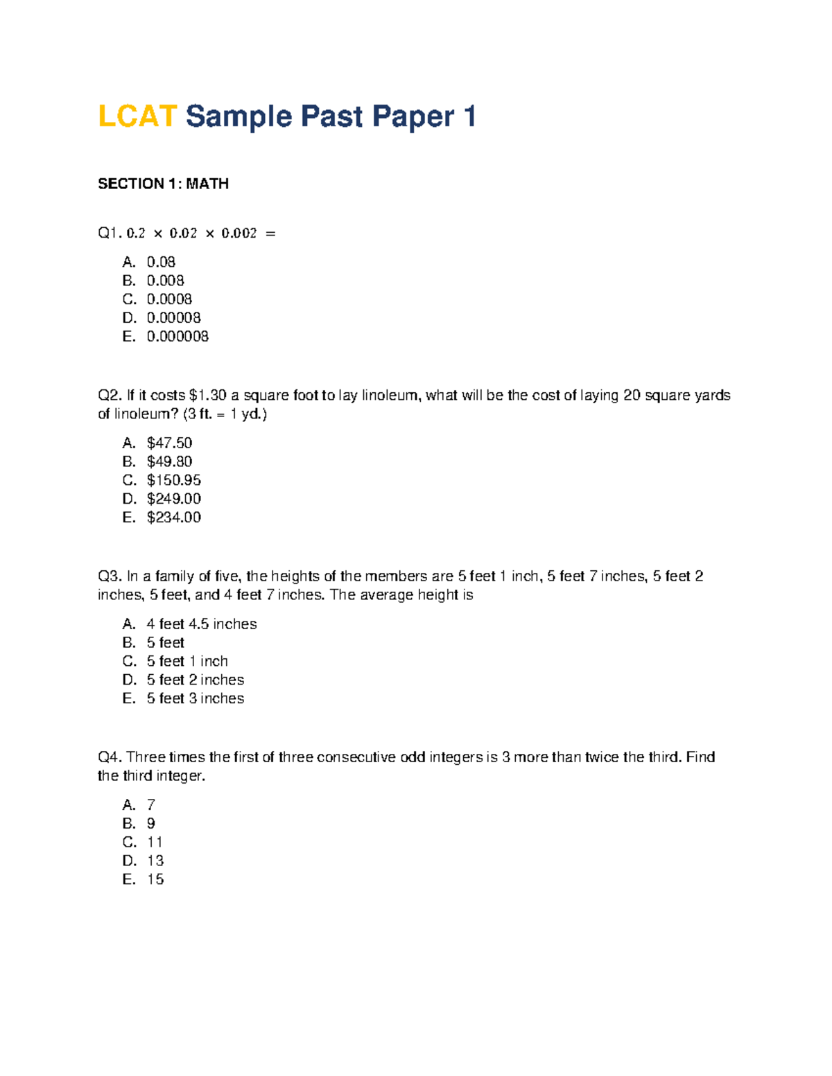 LCAT - Sample Past Paper 1 - LCAT Sample Past Paper 1 SECTION 1: MATH ...