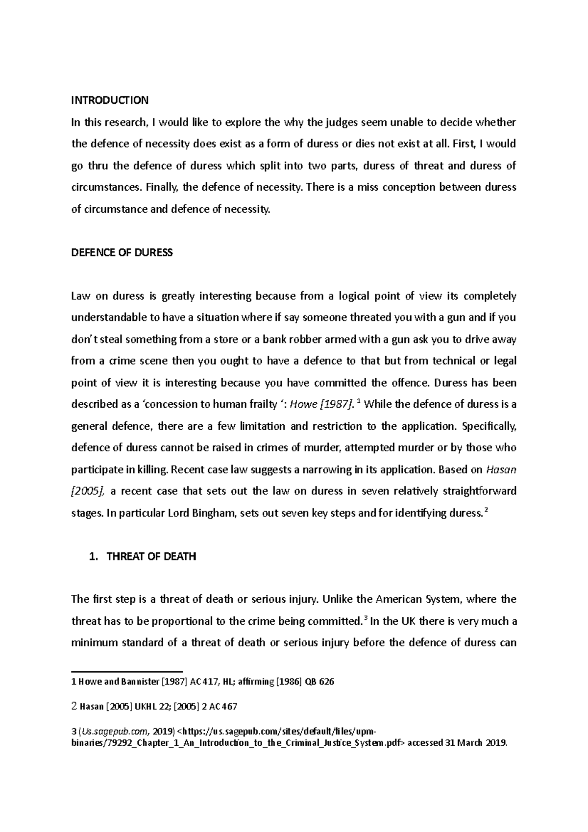 Defense OF Duress - INTRODUCTION In this research, I would like to ...