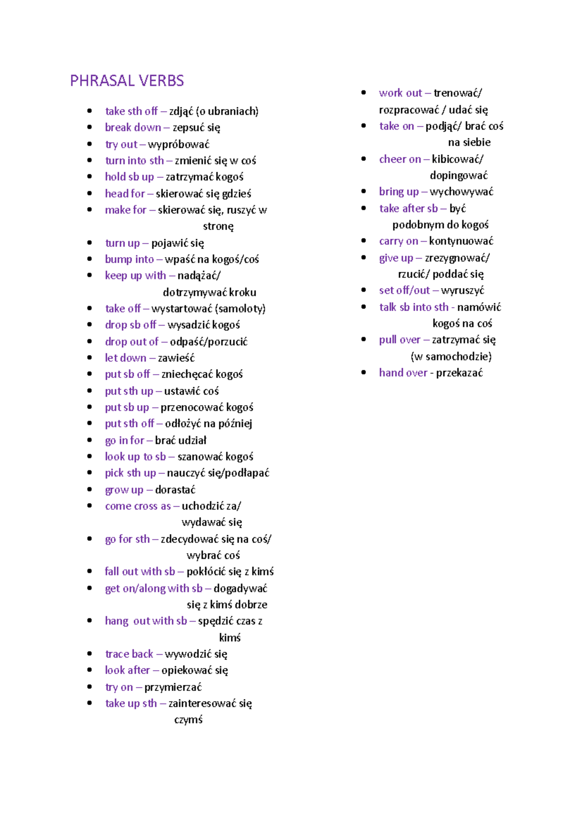 Phrasal Verbs - angielski - PHRASAL VERBS take sth off – zdjąć (o ...