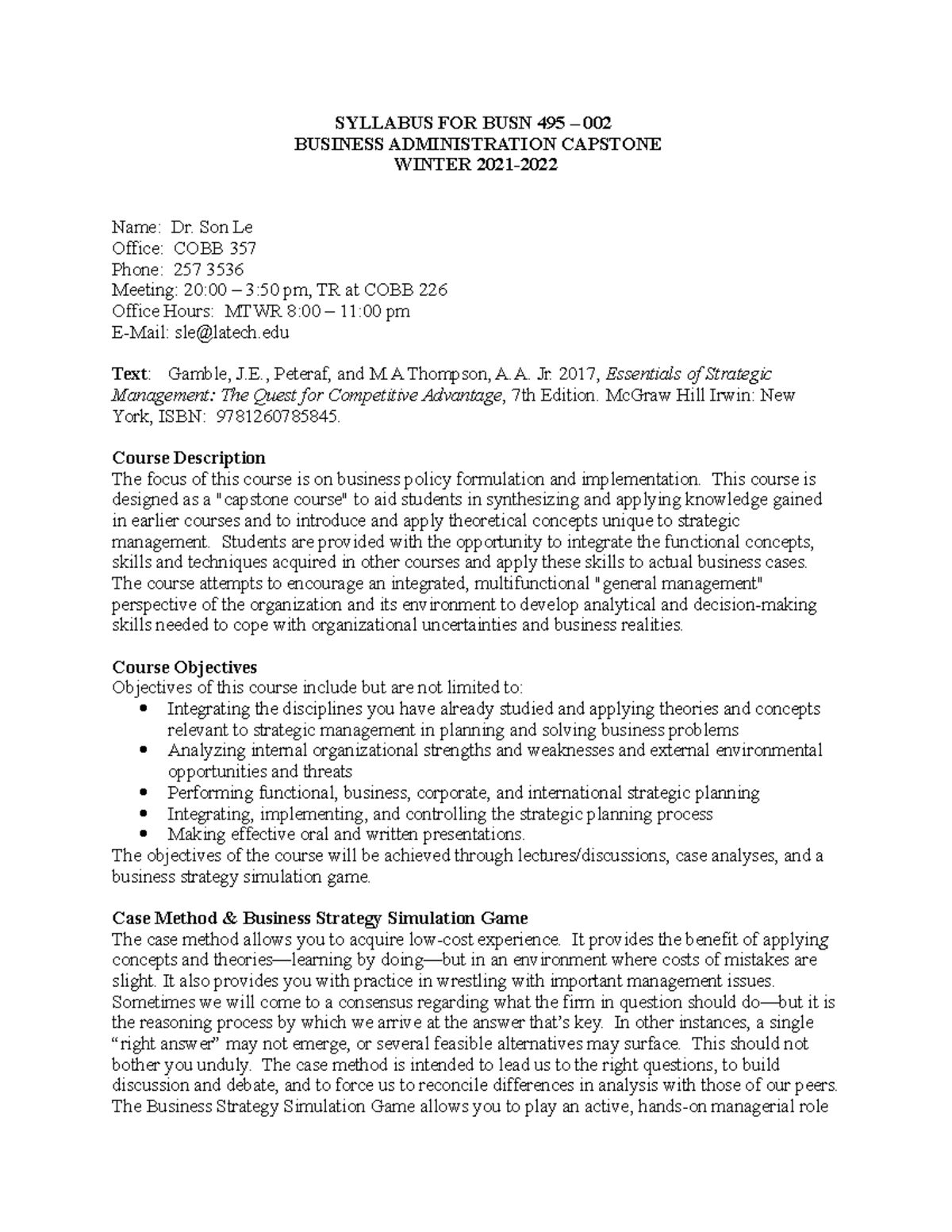 BUSN 495 Syllabus - SYLLABUS FOR BUSN 495 – 002 BUSINESS ADMINISTRATION ...