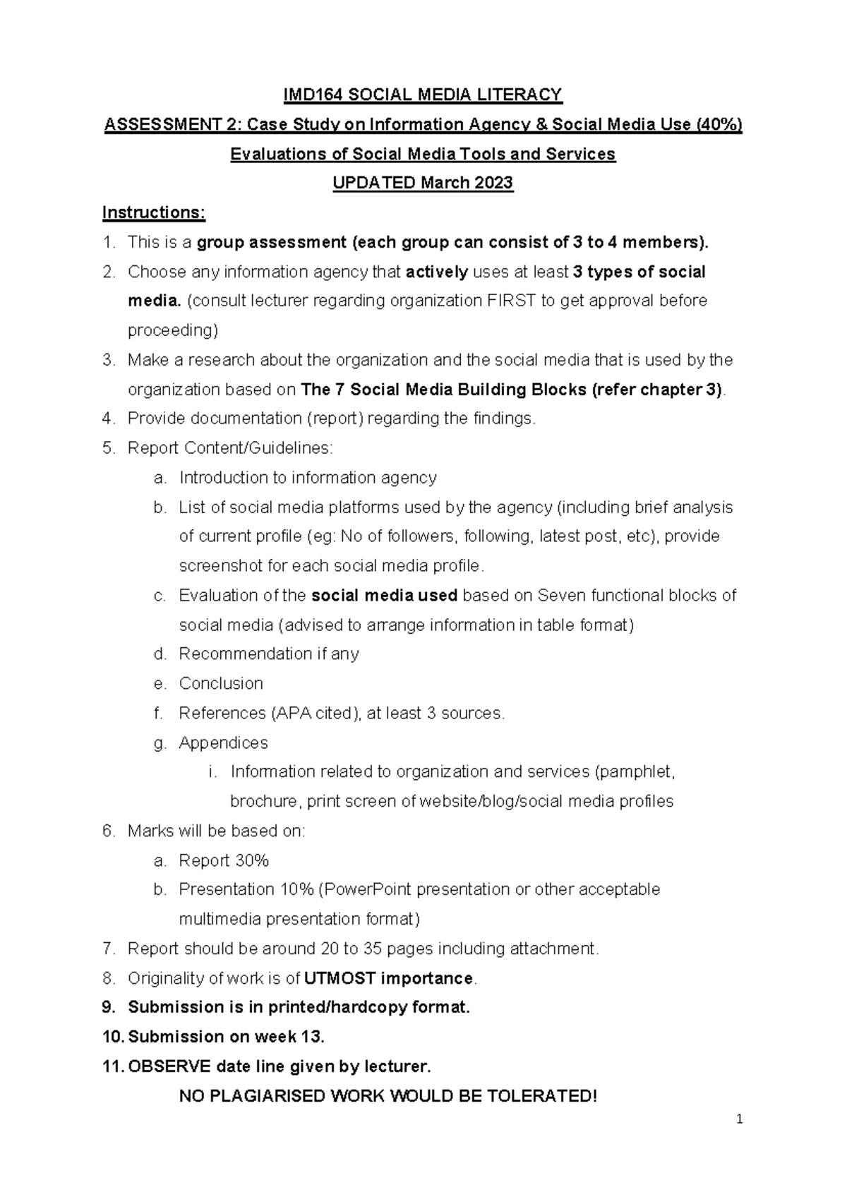 Assessment 2 Group Case Study - 1 IMD164 SOCIAL MEDIA LITERACY ...