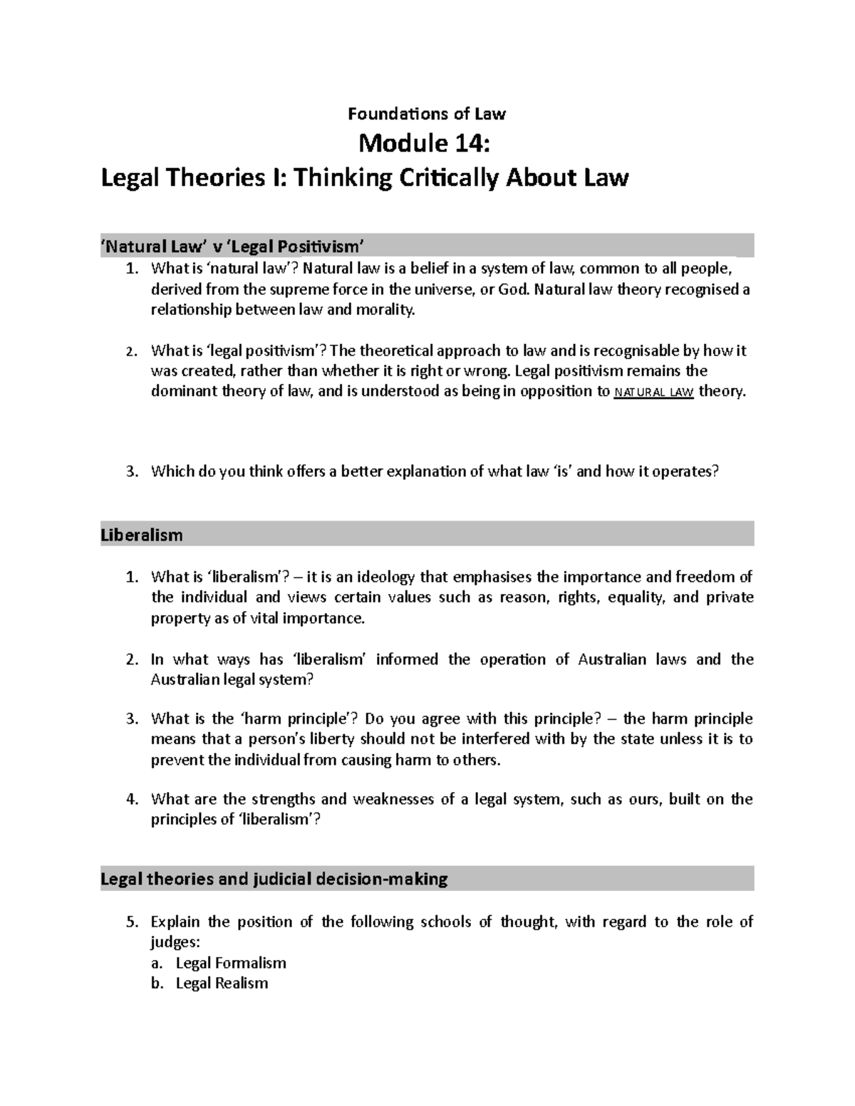 A22 FOL 13 - Legal Theories I - Foundations of Law Module 14: Legal ...