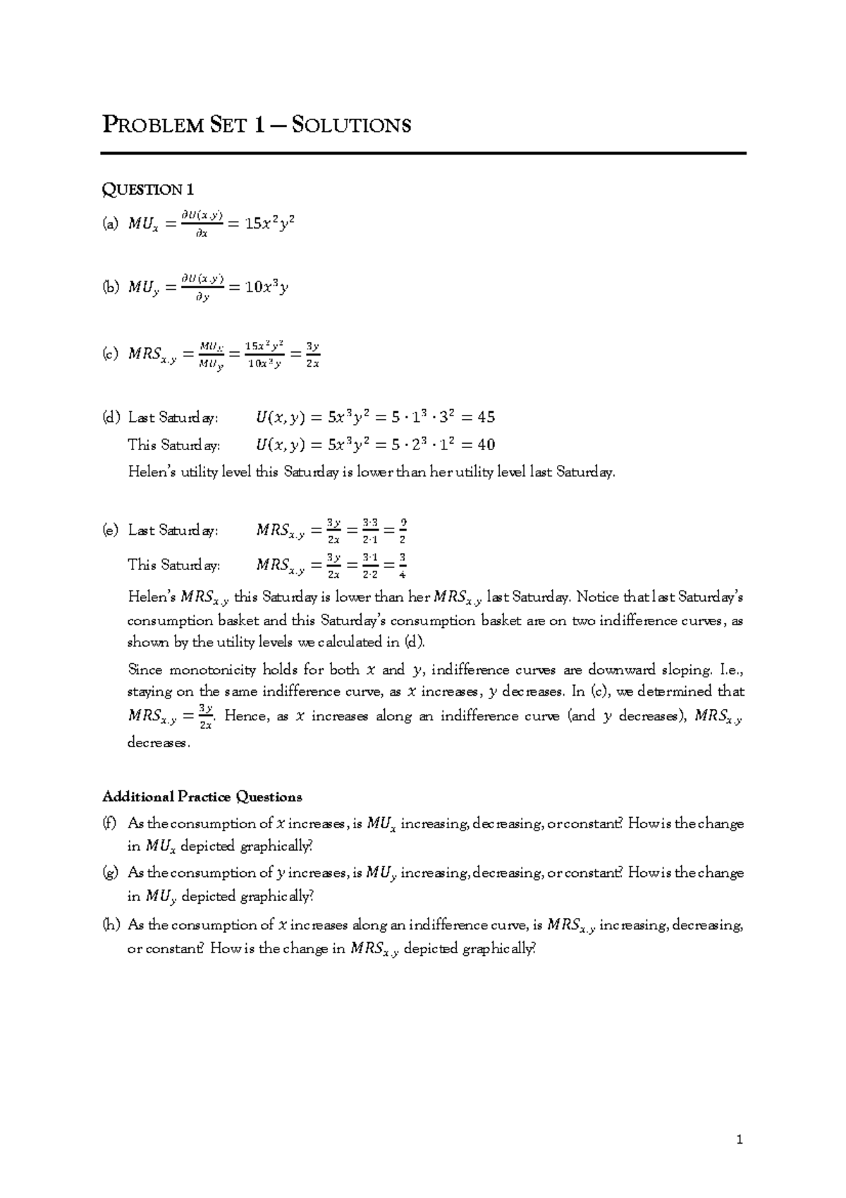 EC2101 Problem Set 1 - Solutions - PROBLEM SET 1 — SOLUTIONS QUESTION 1 (a) 𝑀𝑈! = "# (!,&) - Studocu