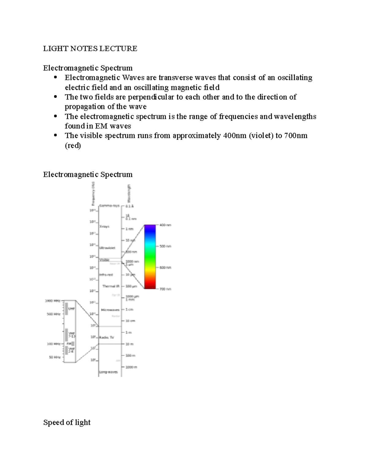 Light Notes Lecture - LIGHT NOTES LECTURE Electromagnetic Spectrum ...