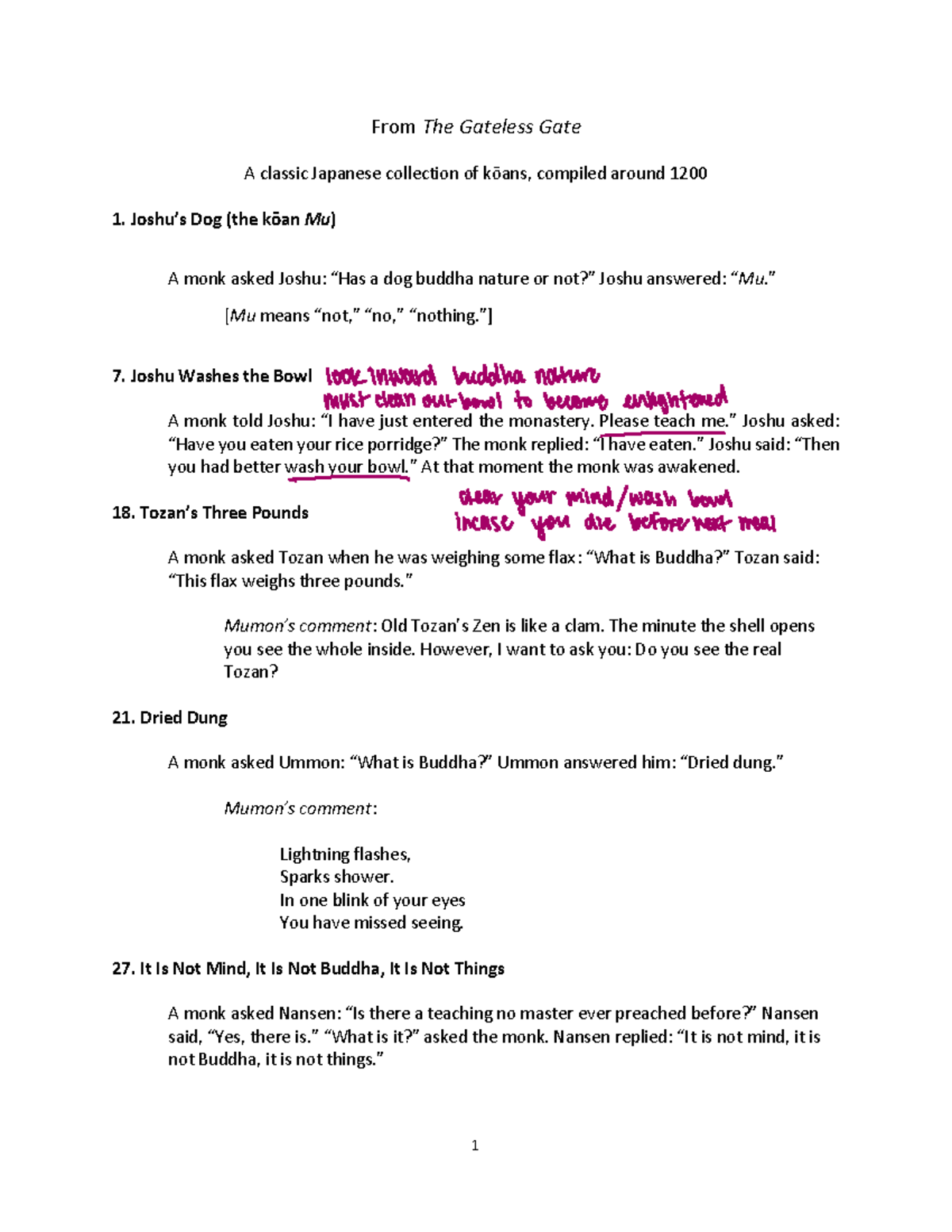 Koans Lecture Notes - 1 From The Gateless Gate A classic Japanese ...