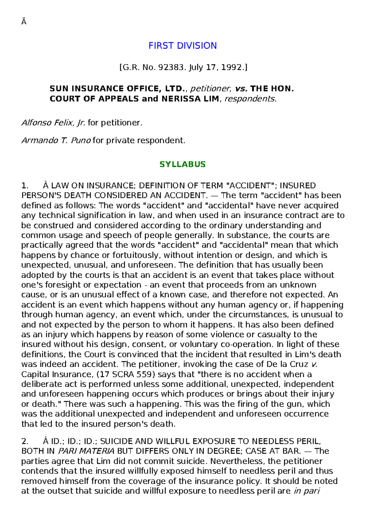 Sun Insurance Office, Ltd. v. Court of Appeals - Â FIRST DIVISION [G ...