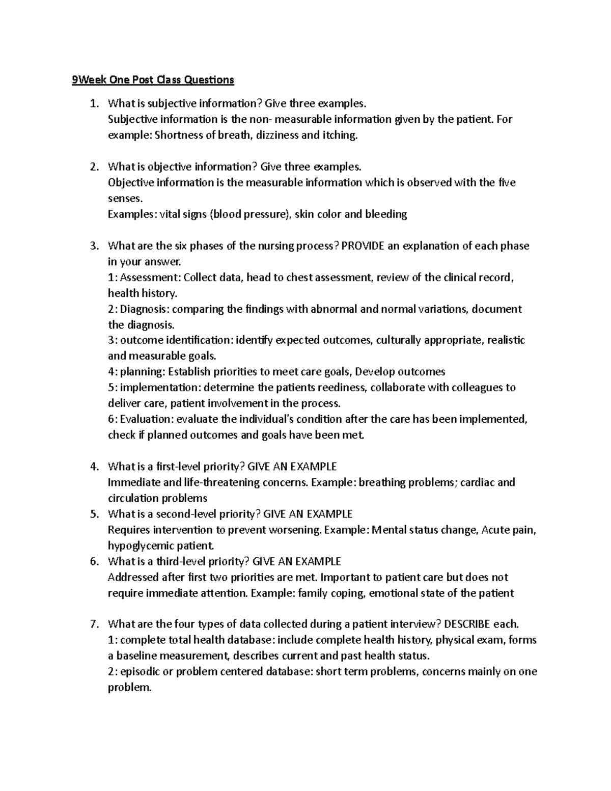 NR 302 Week One Post Class Questions - 9Week One Post Class Questions What is subjective - Studocu