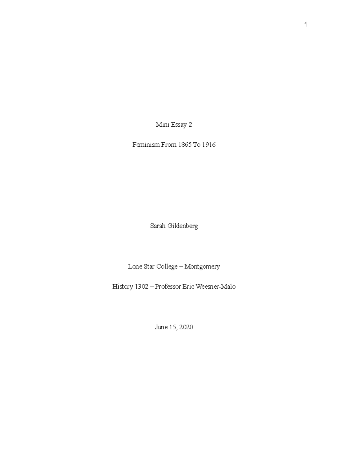 Complete Mini Essay 2 - Grade: A - Mini Essay 2 Feminism From 1865 To ...