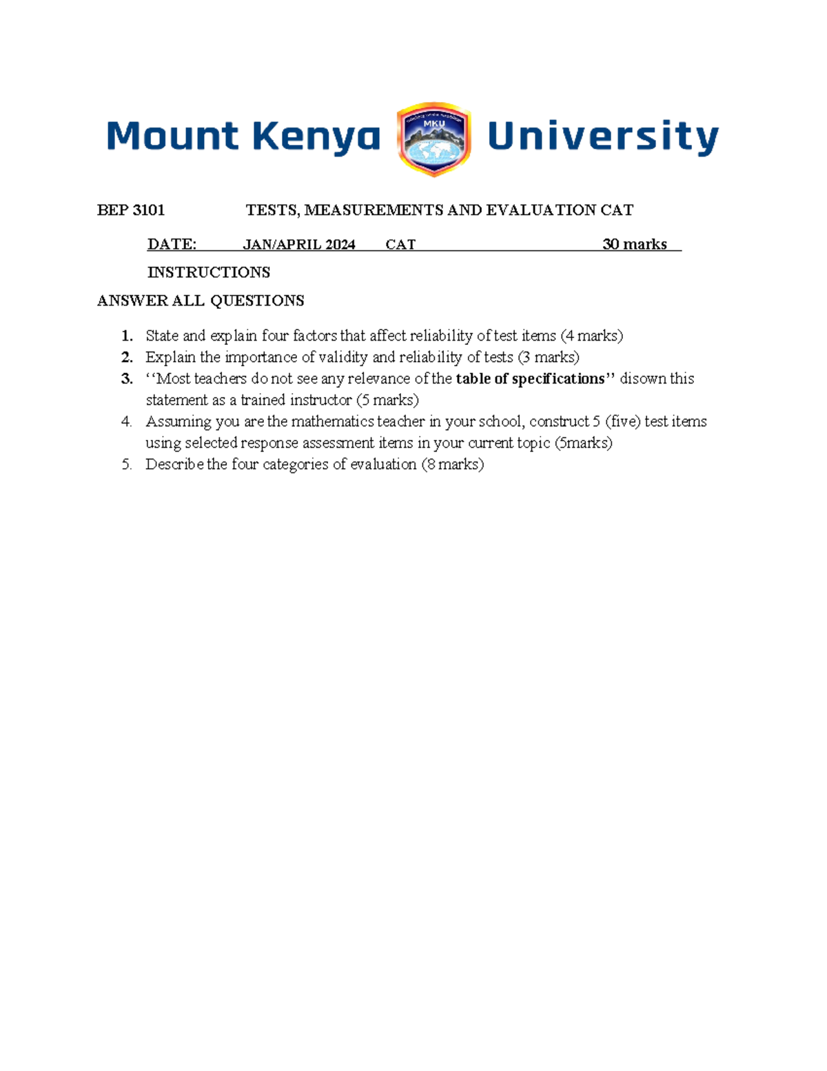 BEP 3101 CAT - BEP 3101 TESTS, MEASUREMENTS AND EVALUATION CAT DATE ...