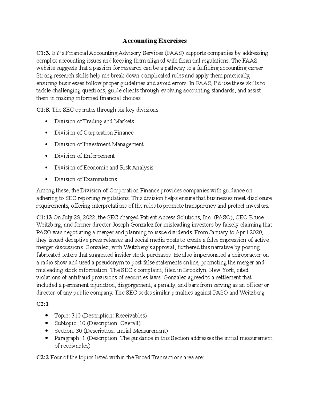 Accounting exercises for chapter 1 and 2 - Accounting Exercises C1:3 ...