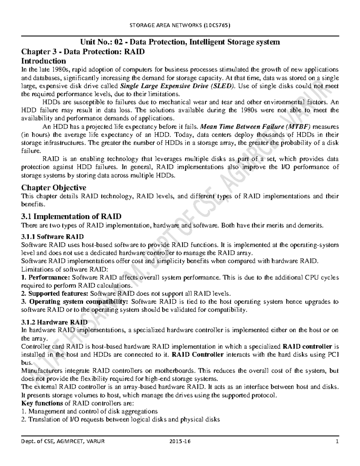 SAN MOD 2- Notes - Unit No.: 02 - Data Protection, Intelligent Storage ...