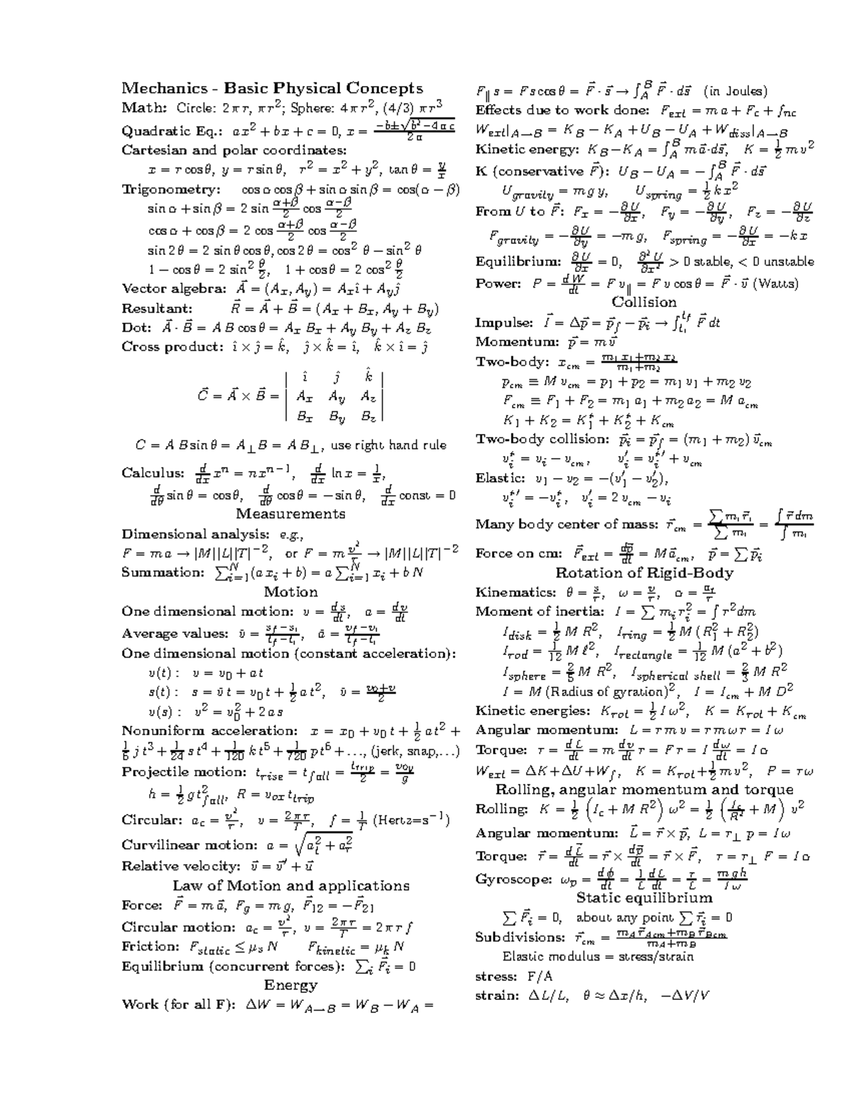 Formulae Mech page1 - Mechanics - Basic Physical Concepts Math: Circle ...
