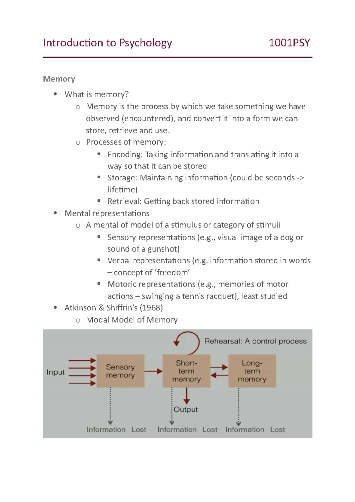 1001PSY Module 2 notes - Introduction to Psychology 1001PSY Memory What ...