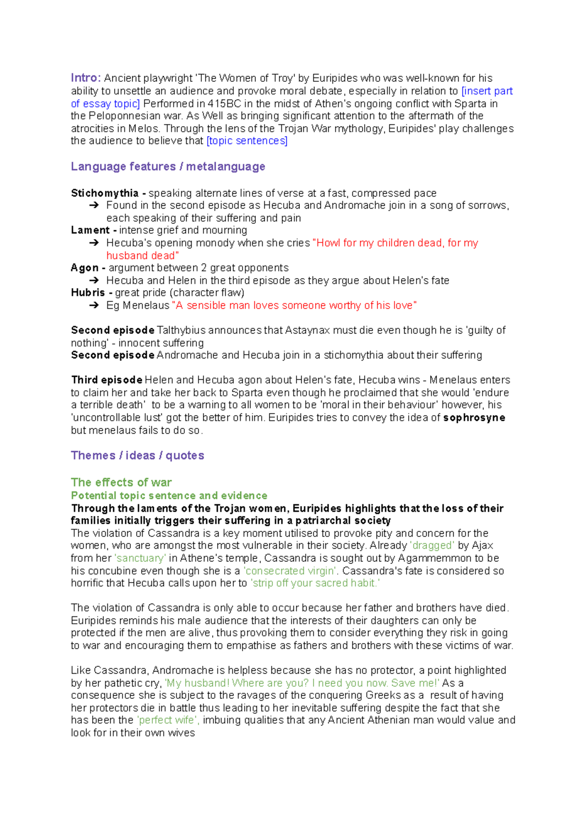 Women of Troy summary document - Intro: Ancient playwright ‘The Women ...