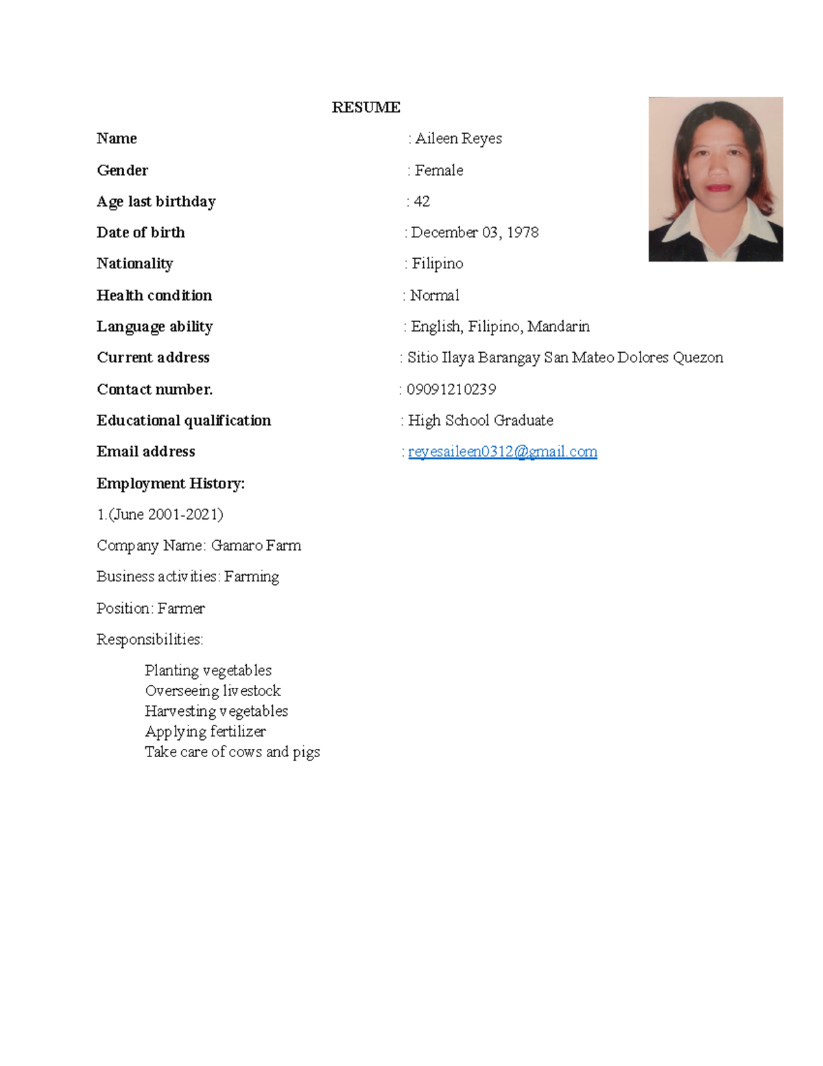 1661774894762 1636344469226 Resume-reyes - RESUME Name : Aileen Reyes ...