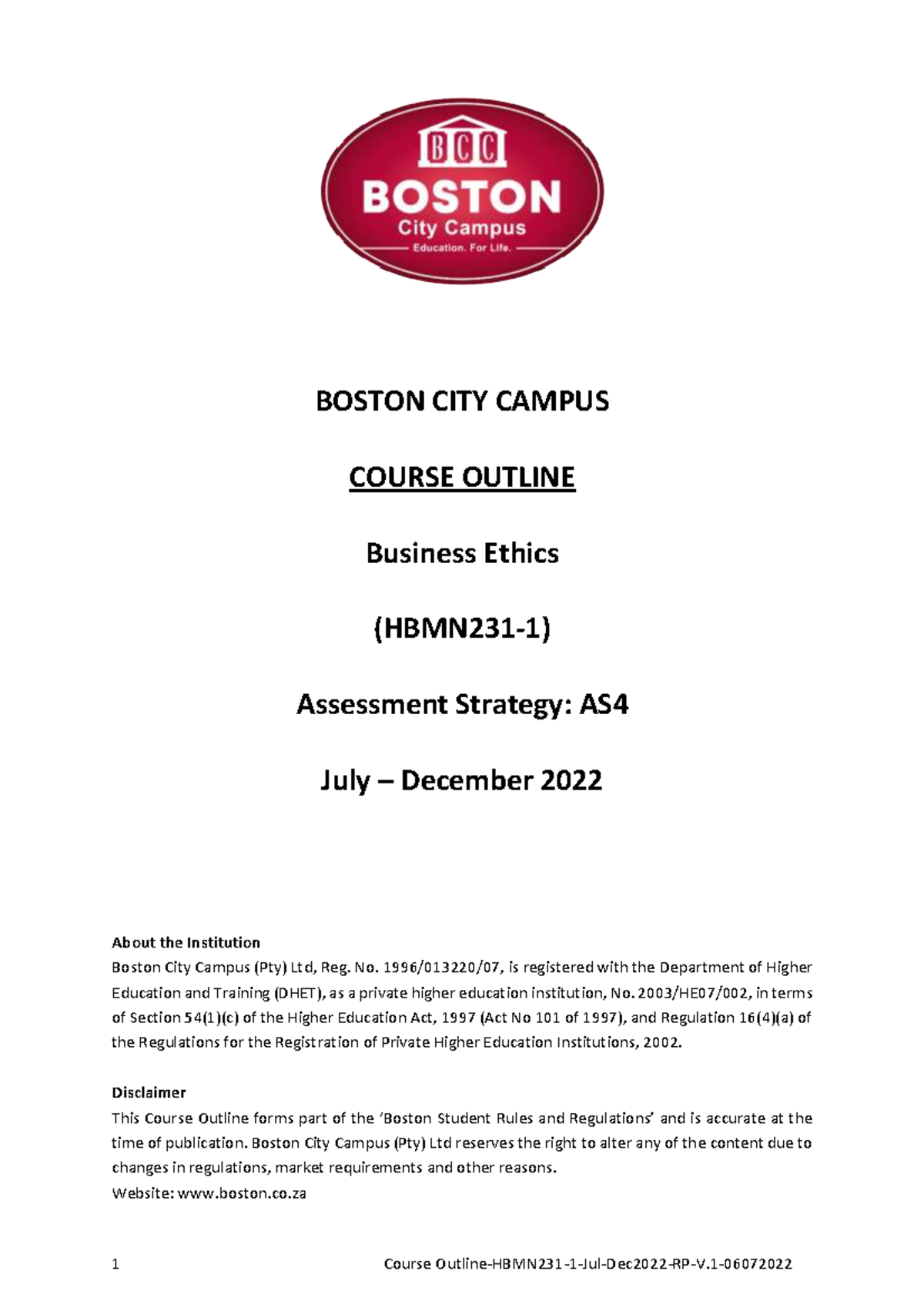 HBMN231-1-July-Dec2022-Course Outline-RP-V1-06072022 - BOSTON CITY ...