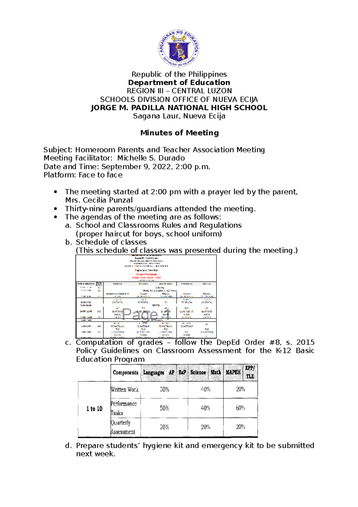 Minutes-HPTA-Officers - Republic of the Philippines Department of ...