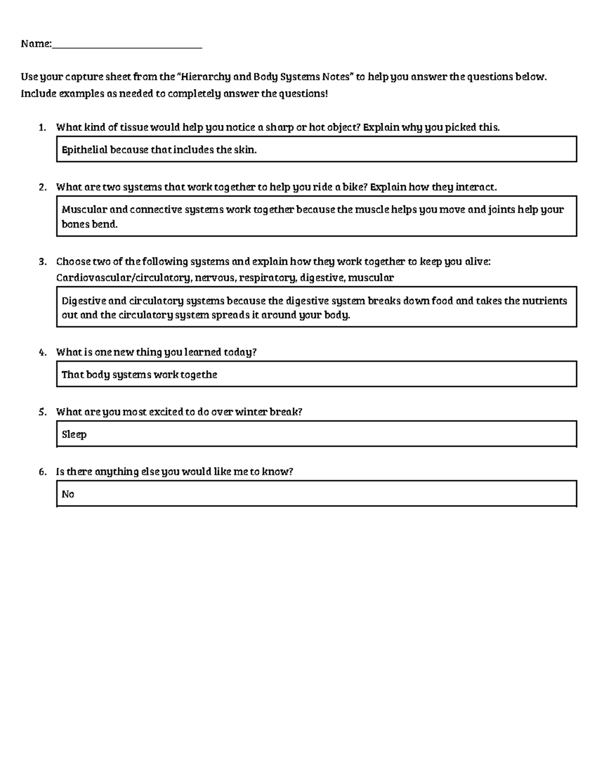 Copy of Hierarchy and Body Systems Exit Ticket - Name ...