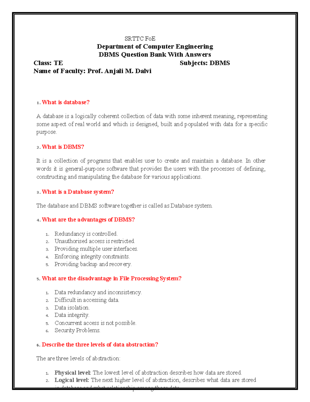 SET2-DBMS Question Bank with answers - SRTTC FoE Department of Computer ...