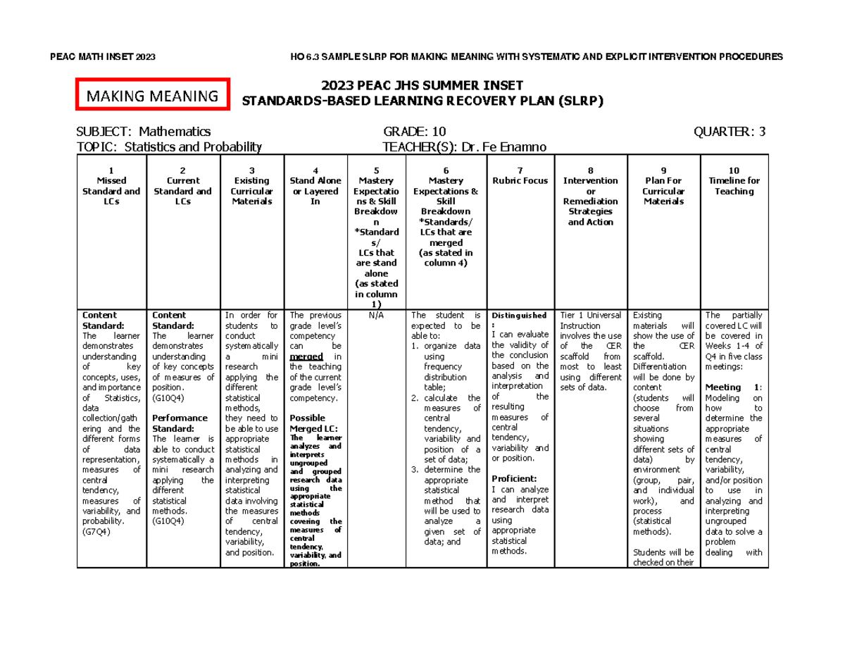 MATH 6.3 Sample SLRP for Meaning Making with Systematic and Explicit ...