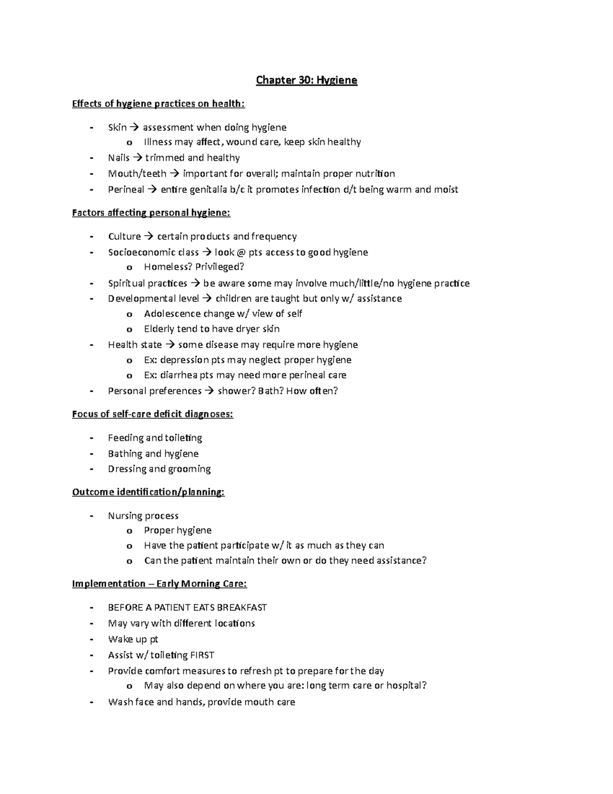 Prof 1 exam 1 - Lecture notes N/A - Chapter 30: Hygiene Effects of ...