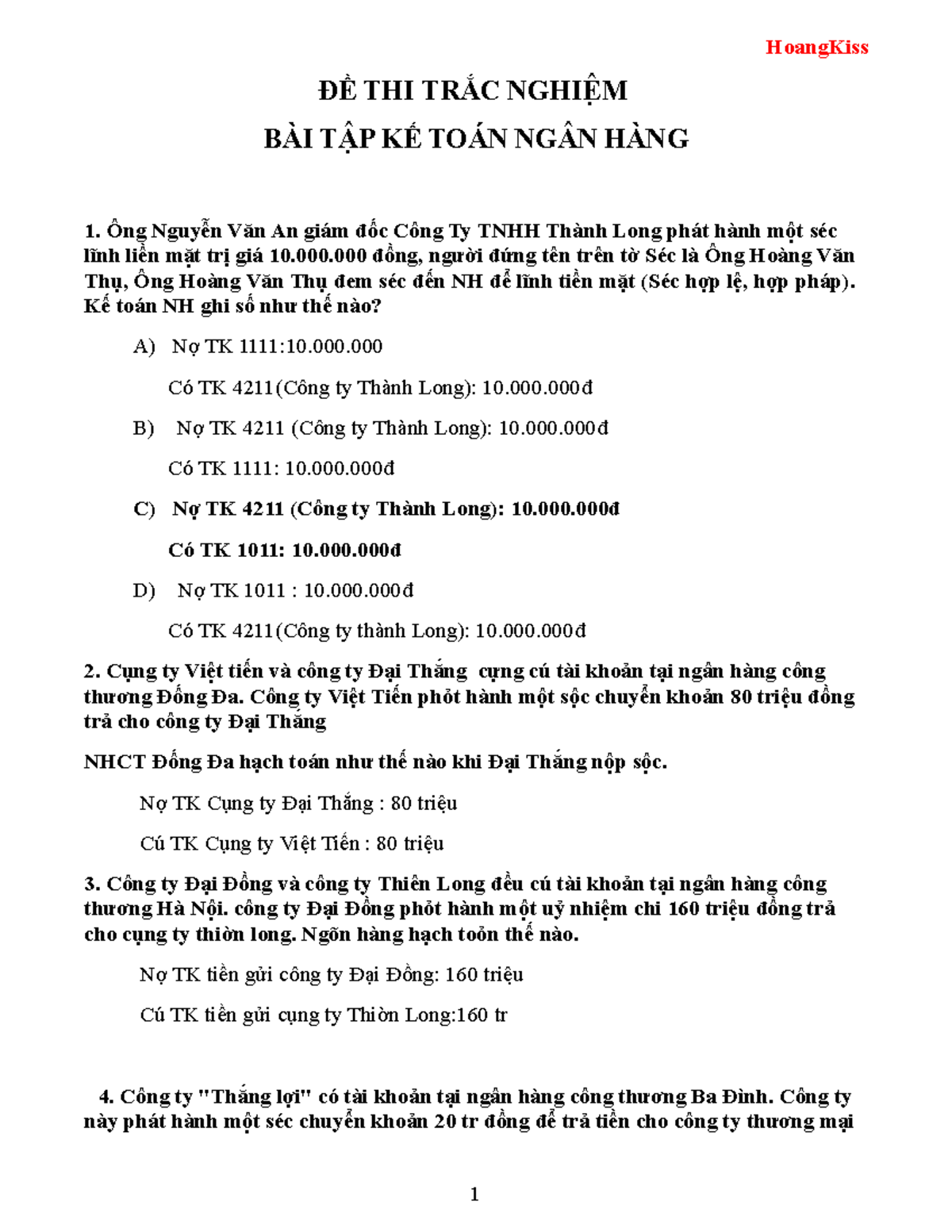 Bai tap kt ngan hang co da font - ĐỀ THI TRẮC NGHIÊ Ṃ BÀI TẬP KẾ TOÁN NGÂN HÀNG Ông Nguyễn Văn ...