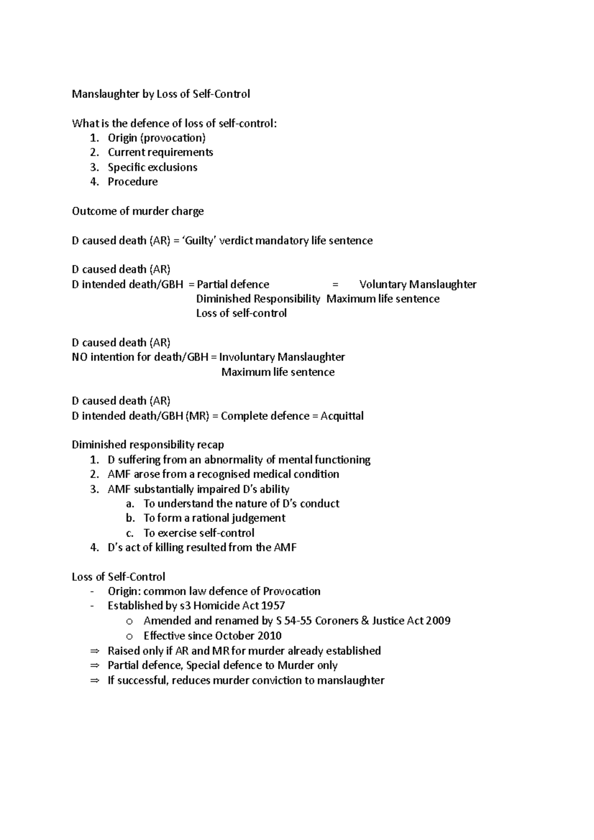 Manslaughter by Loss of Self - Manslaughter by Loss of Self-Control ...